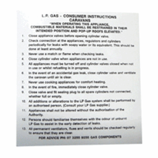 Long Caravan Instruction Sticker - Gas Components Australia